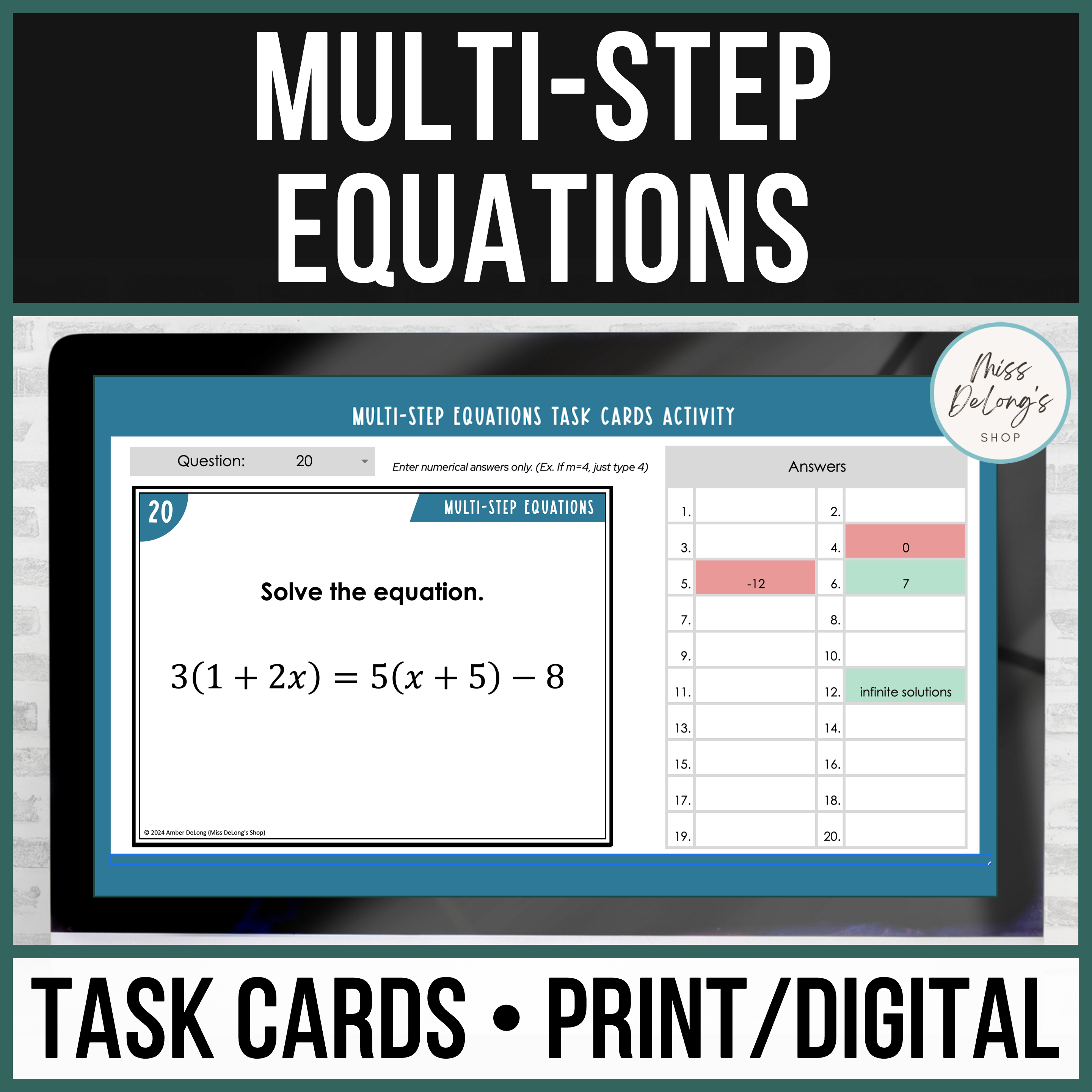 Multi-Step Equations Task Cards Print and Digital Self Checking Google Sheet